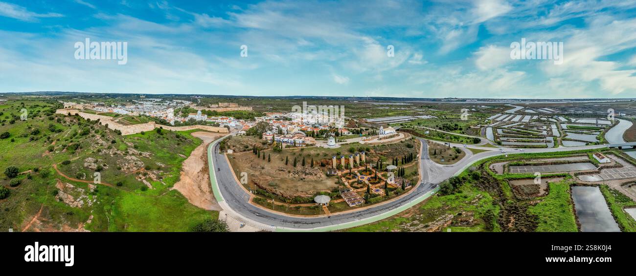 Aerial view of Castro Marim, Portuguese fortress town on the border ...