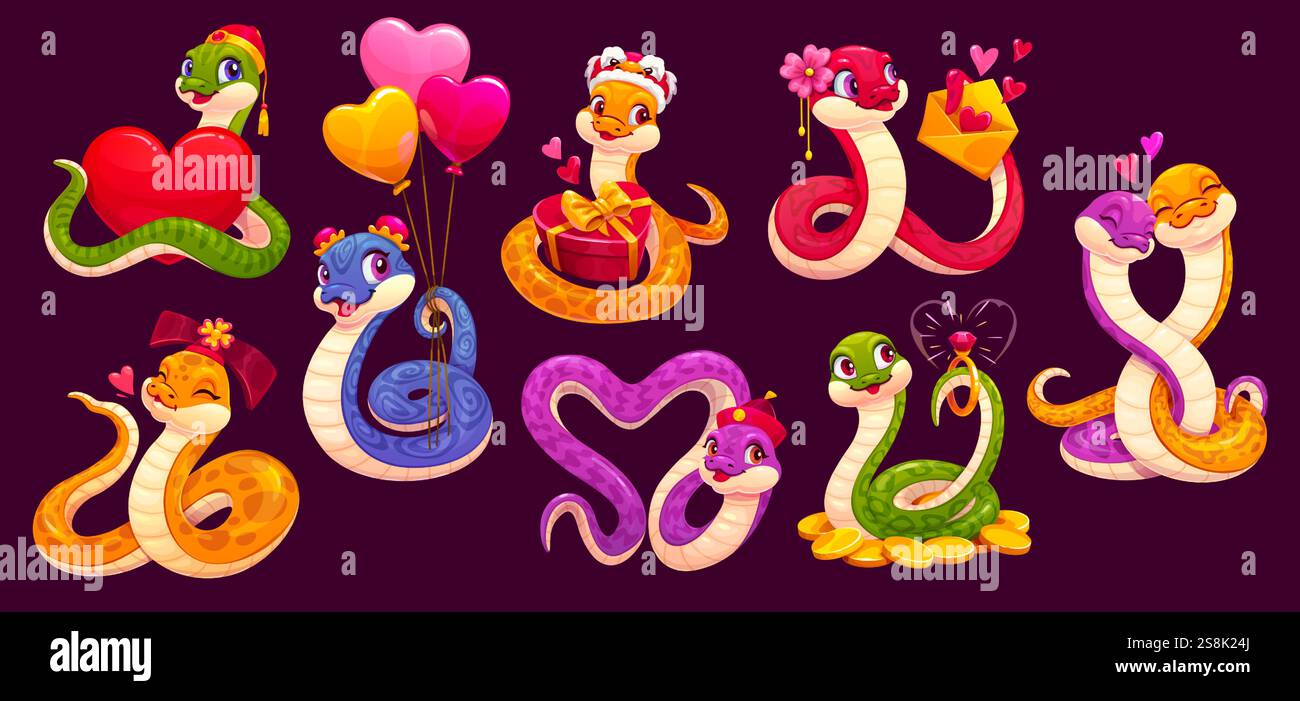 Valentines day cute funny snake characters with love and hearts and ...