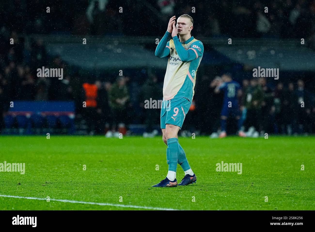 Paris, France. 22nd Jan, 2025. Erling Haland of Manchester City reacts ...