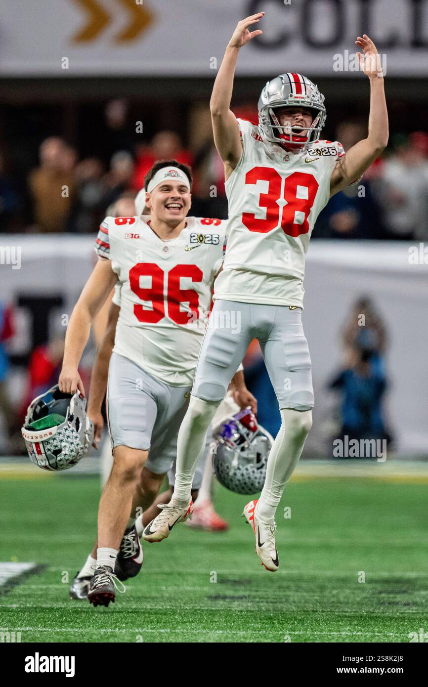 Ohio State place kicker Jayden Fielding (38) celebrates after kicking a ...