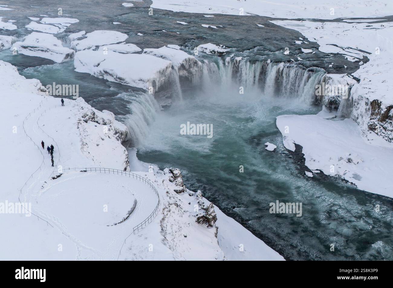 Akureyri, Iceland. 10th Jan, 2025. Panoramic view of Godafoss waterfall ...