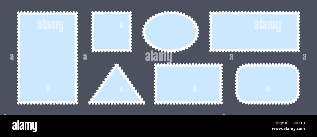 Blue postage stamps set. Post stamp frames and borders. Ellipse ...