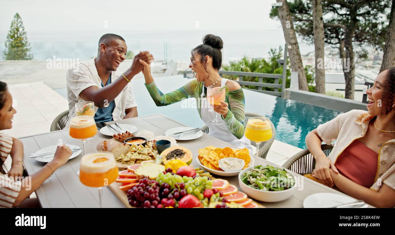 Party, friends laugh and shaking hands with people at celebration ...