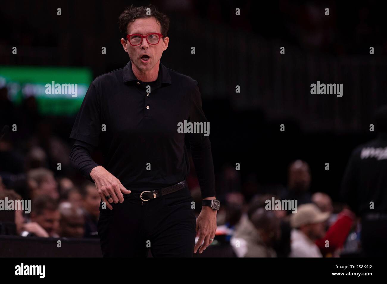 Atlanta Hawks coach Quin Snyder talks to his bench during the second ...