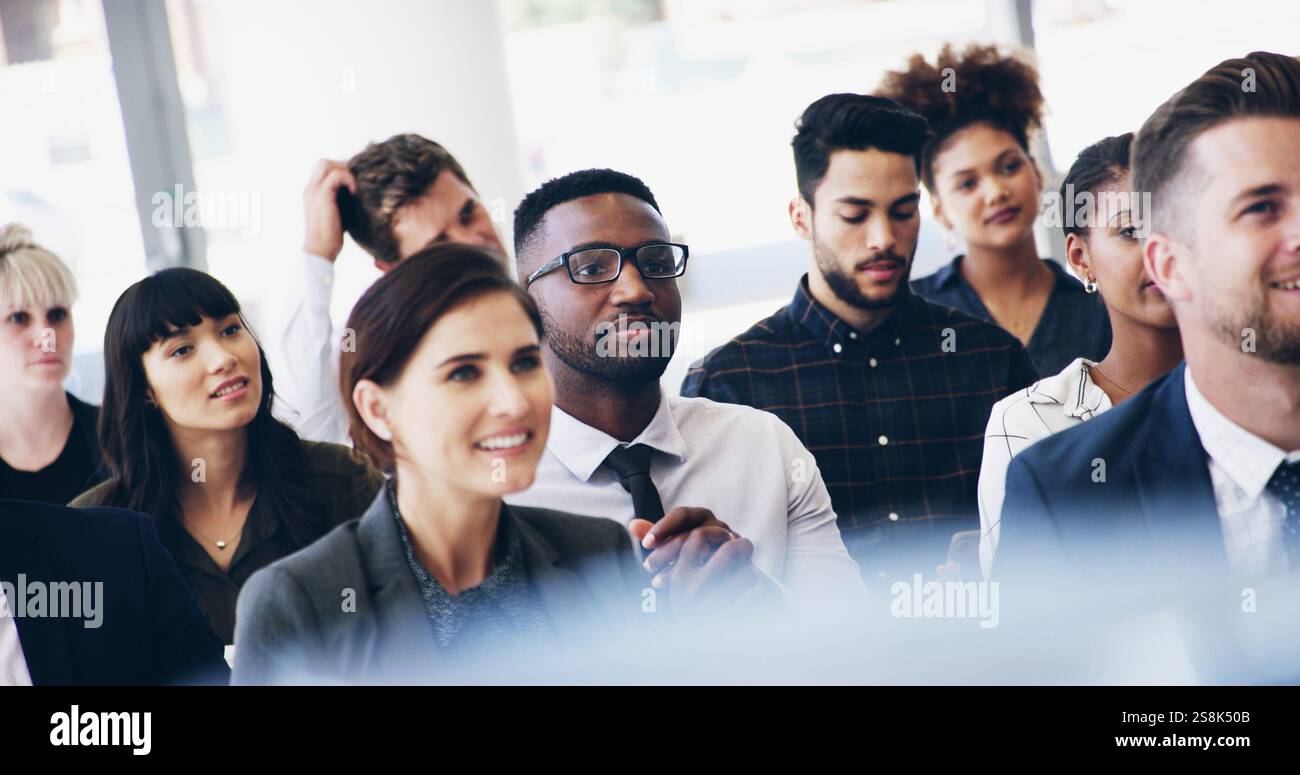 Woman, listening and smile in audience, convention and attention for ...