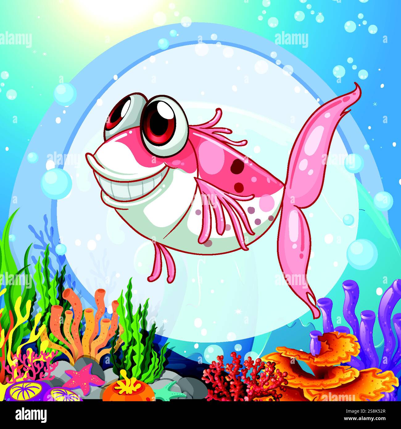 Smiling fish swimming among colorful coral and bubbles Stock Vector ...