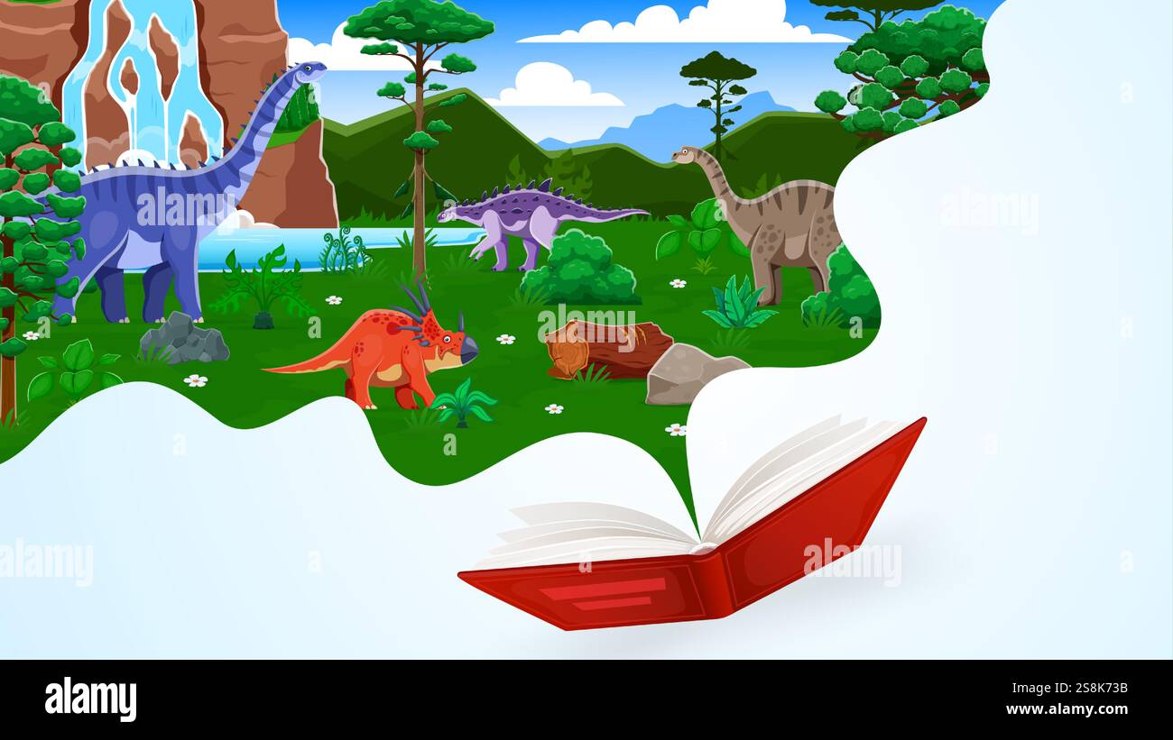 Opened kids book with prehistoric dinosaurs near waterfall landscape ...