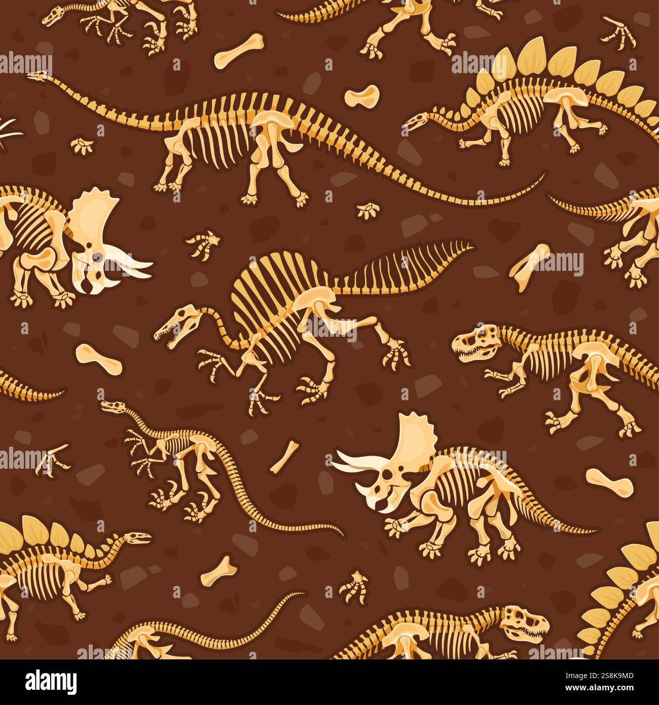 Prehistoric dinosaur fossils seamless pattern. Dino skeletons, bones ...