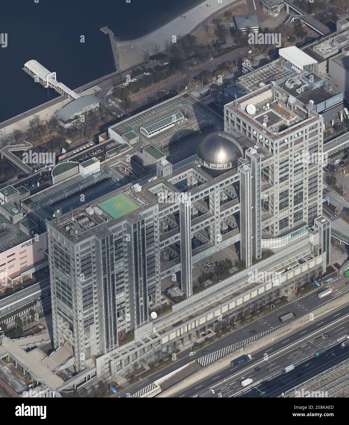 An aerial photo shows Fuji Television Network, Inc. headquarters ...