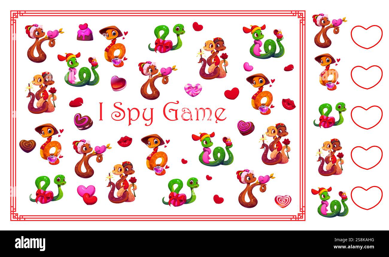 I spy game worksheet with Valentine day snakes and hearts, vector ...