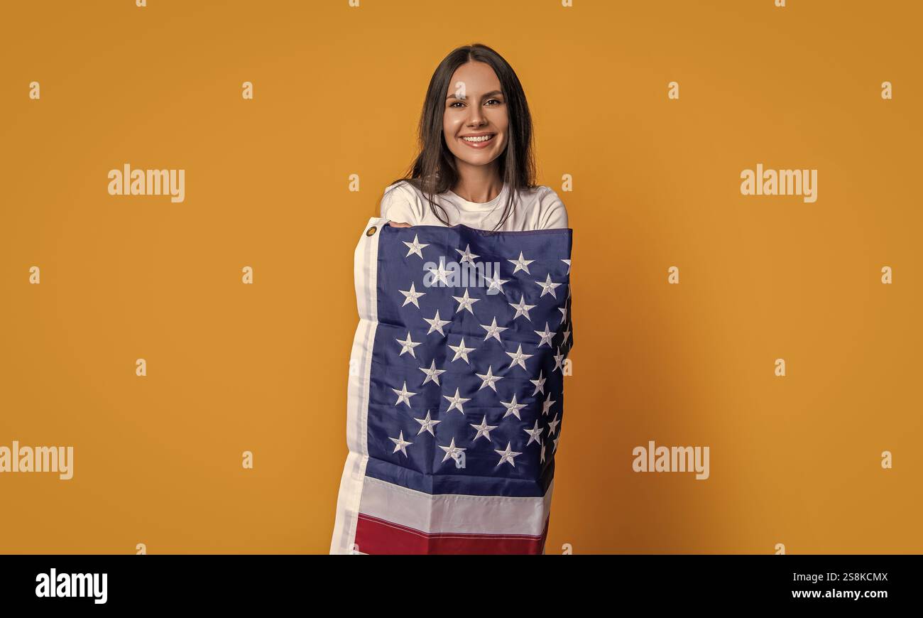 Patriotism personified. woman with American flag. Symbol of strength ...