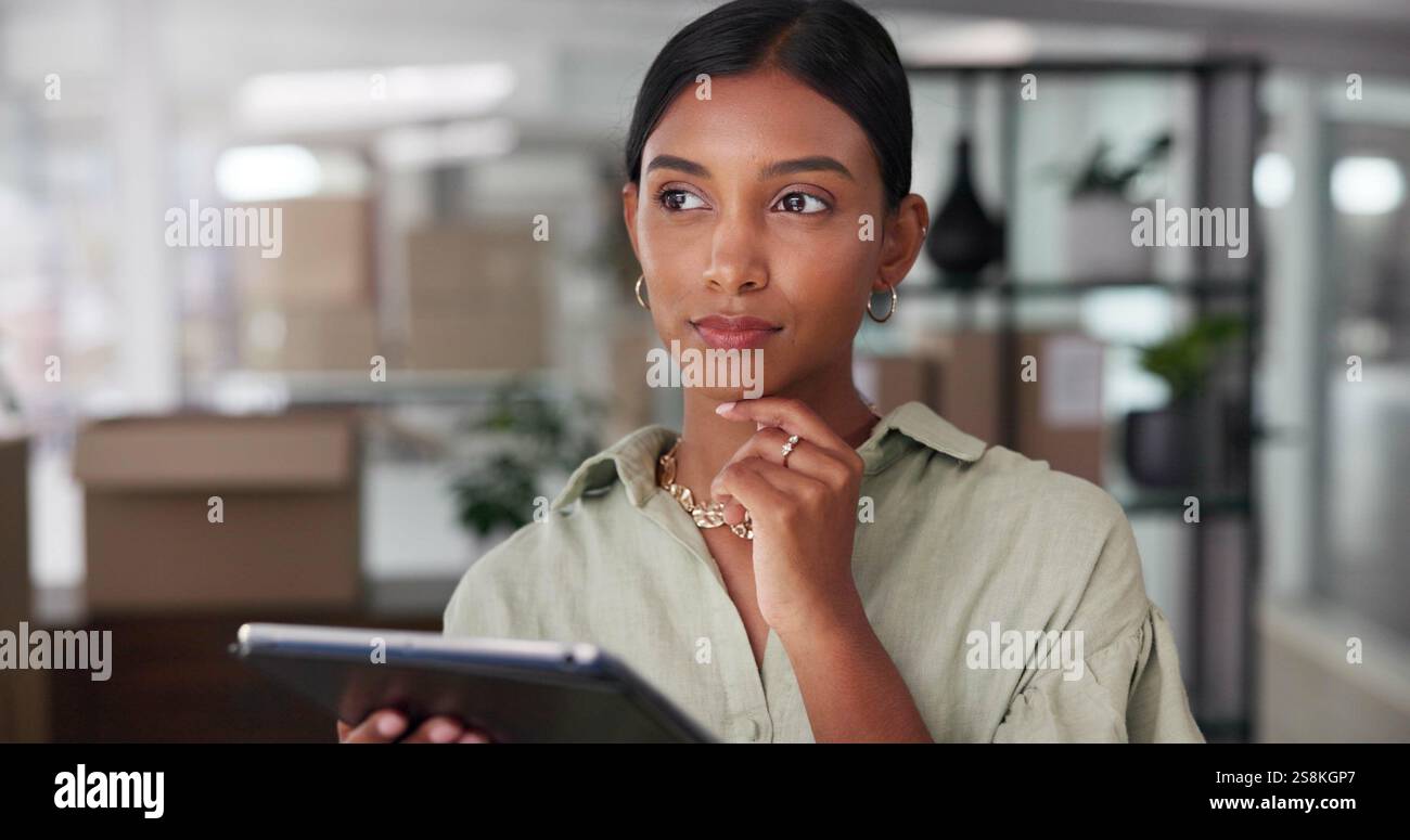 Shipping, thinking and business woman on tablet for problem solving ...