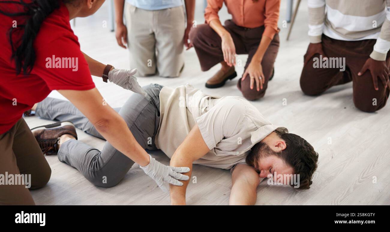 People, demonstration and class for first aid, teaching or recovery ...