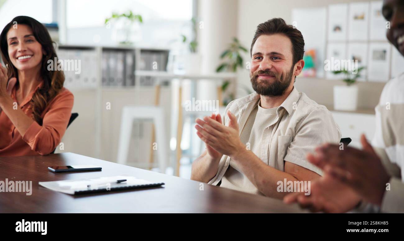 Applause, group and celebration for deal, boardroom and happy for achievement in meeting and ...