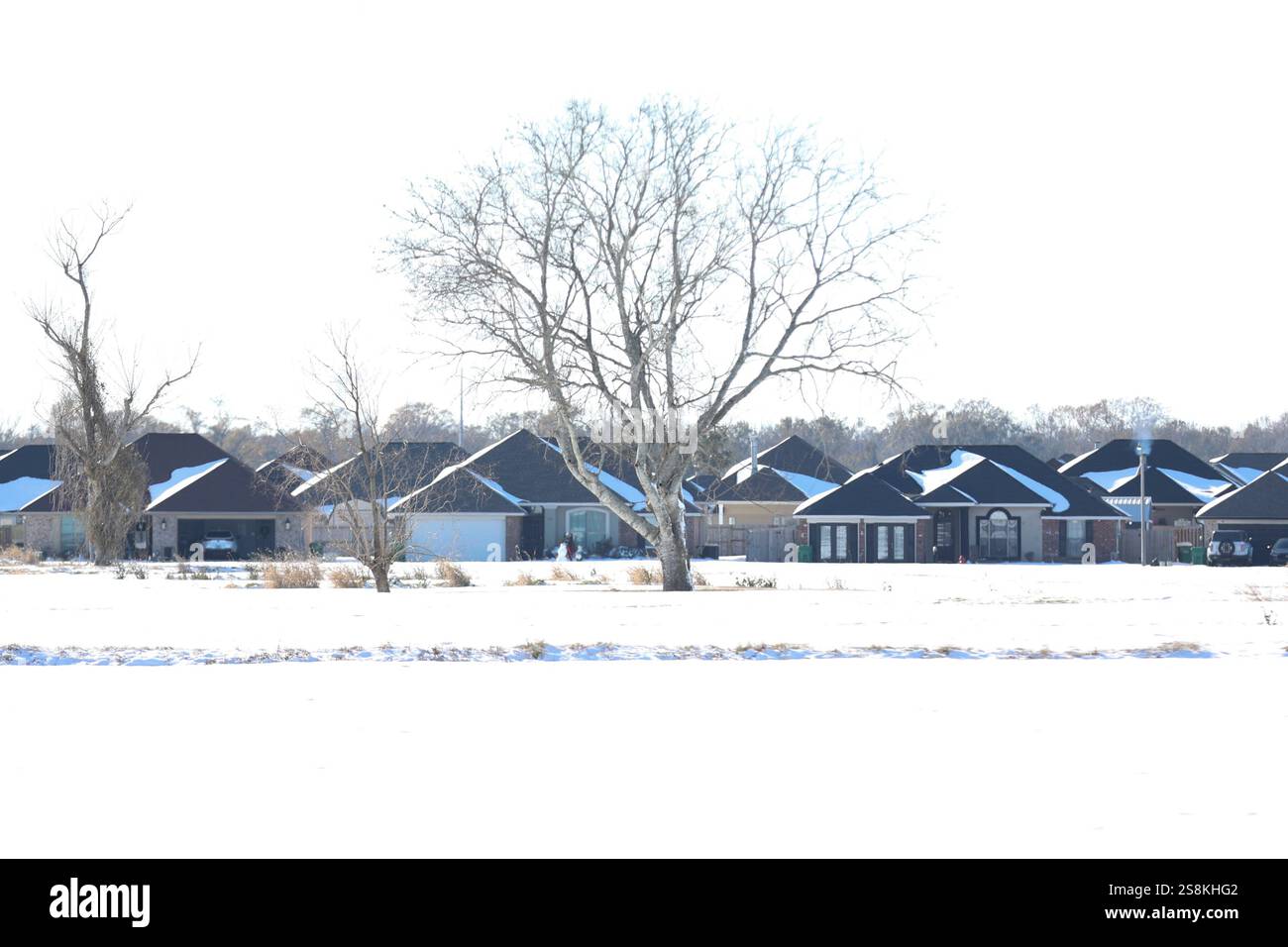 Snow covered homes line up on Belle Pointe Drive due to the effects of ...