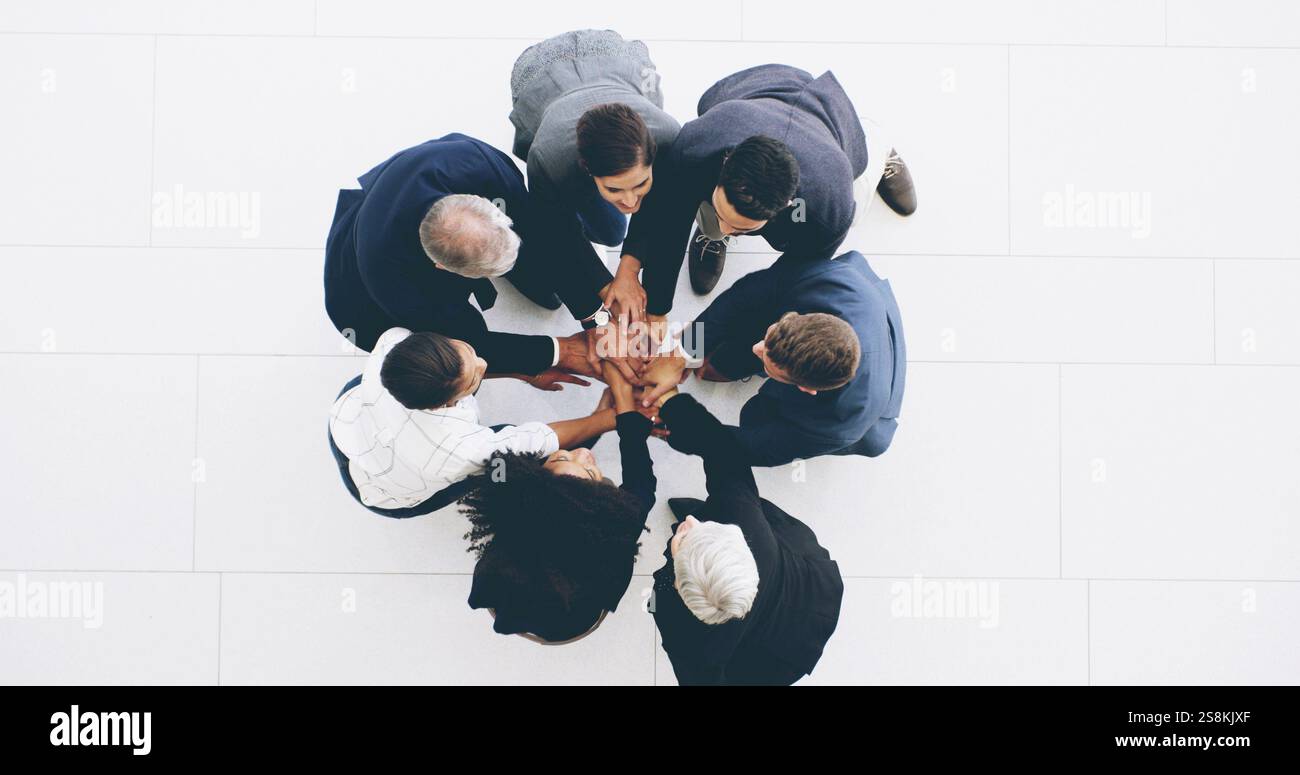 Business people, meeting and hands together with teamwork above for motivation or collaboration ...