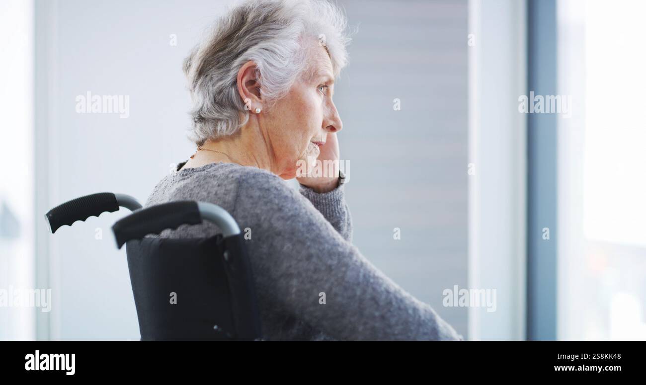 Elderly woman, thinking and wheelchair at window with memory loss ...