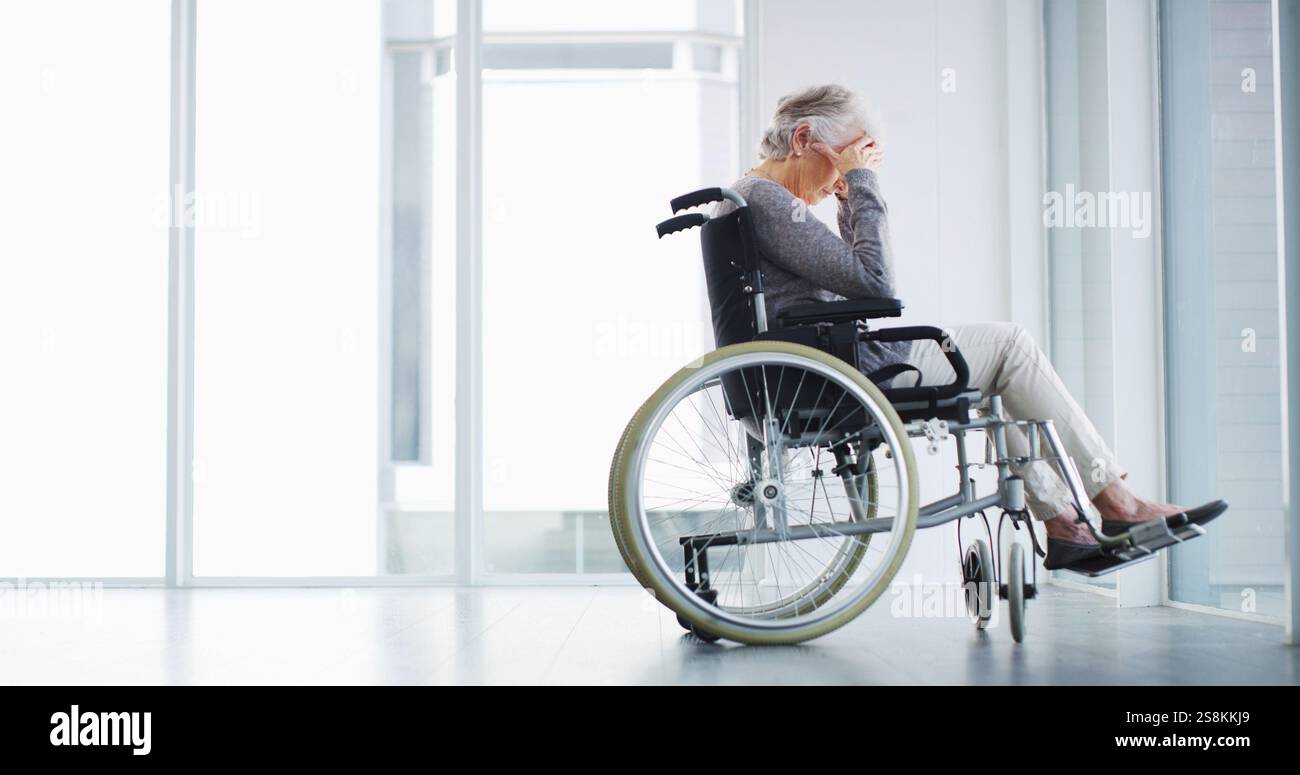 Elderly woman, crying and wheelchair at window with space, depression ...