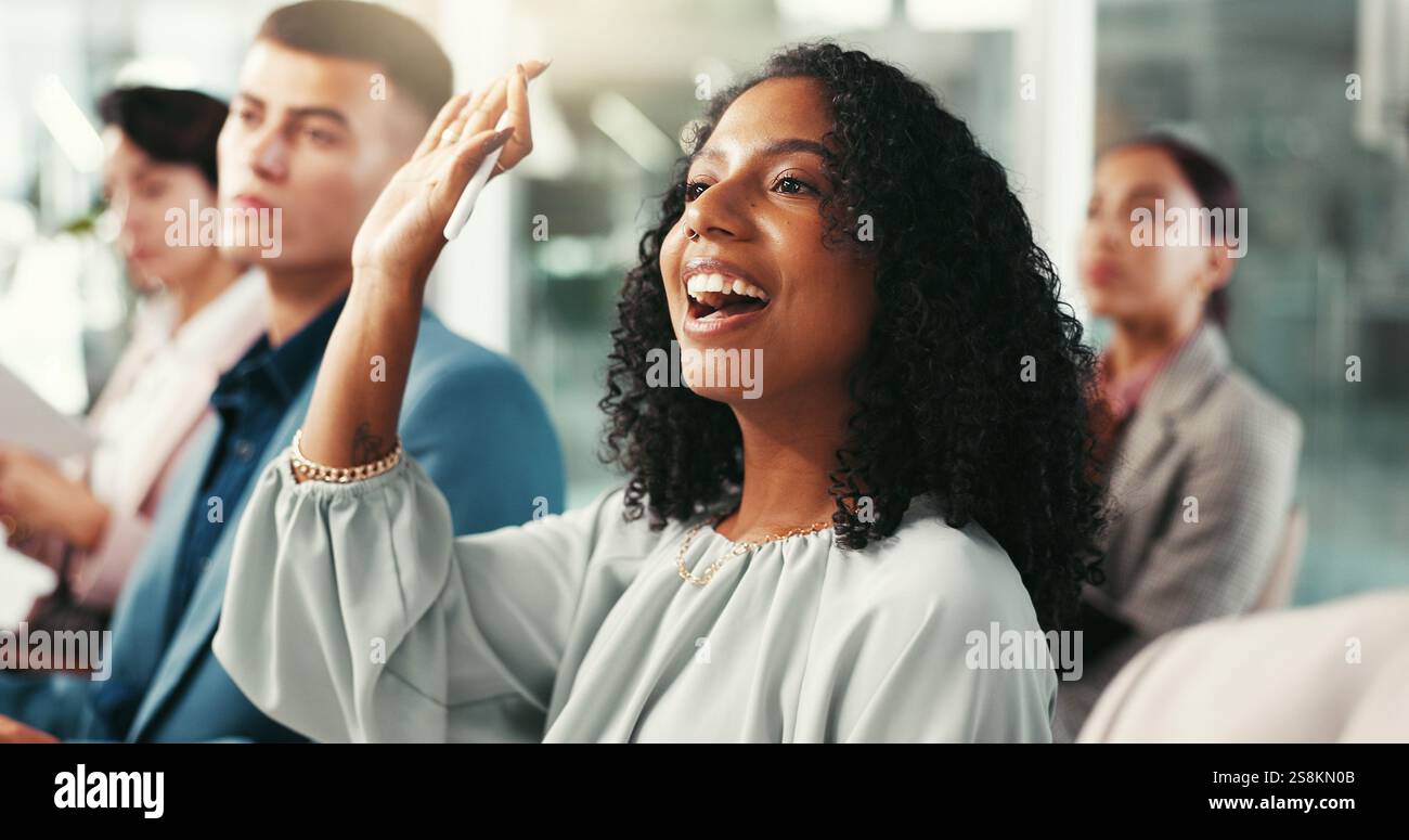 Smile, question and woman at seminar with business people with training ...