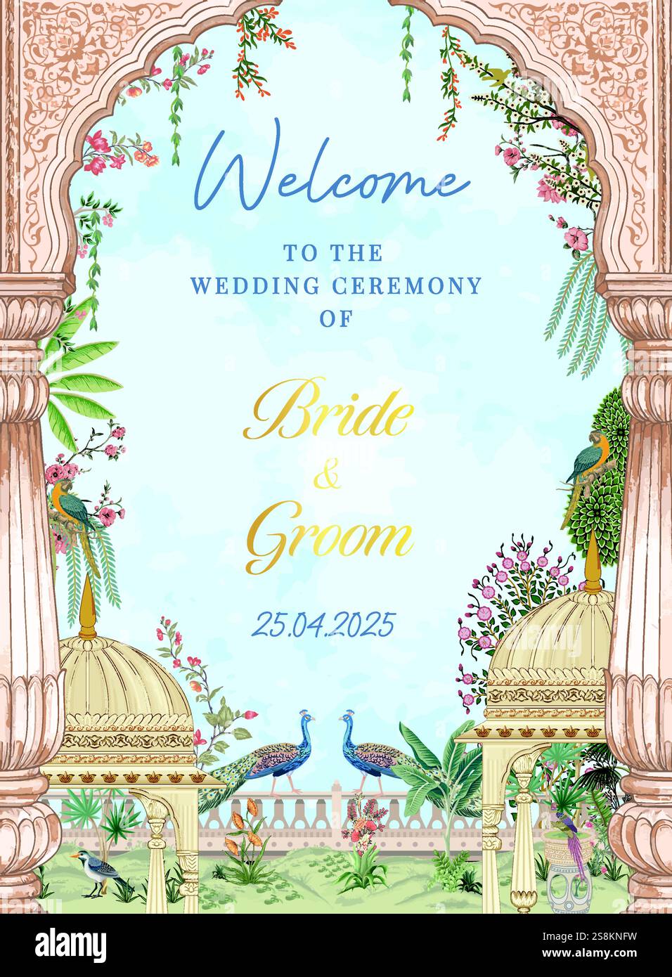 Elegant Mughal arch frame with intricate pillars, vibrant peacocks, and ...