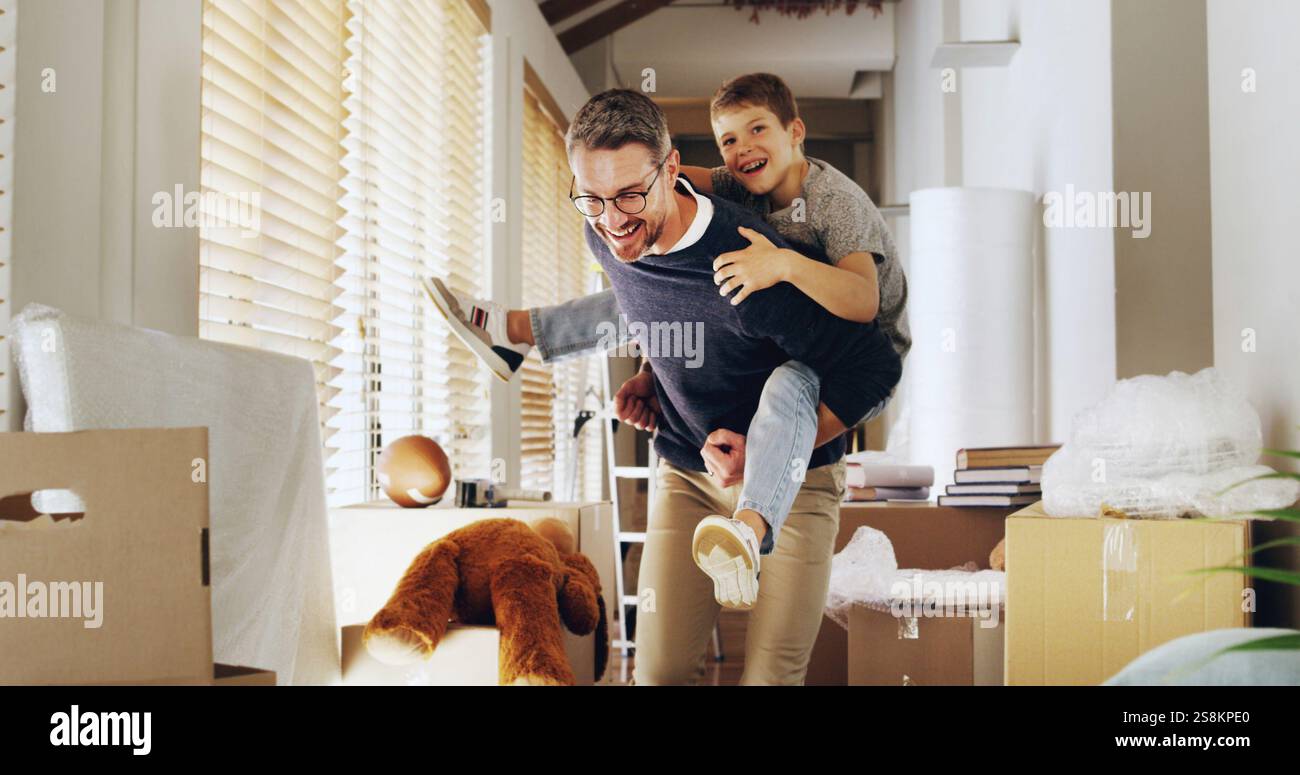 New home, father and piggyback child for bonding, moving in and house ...