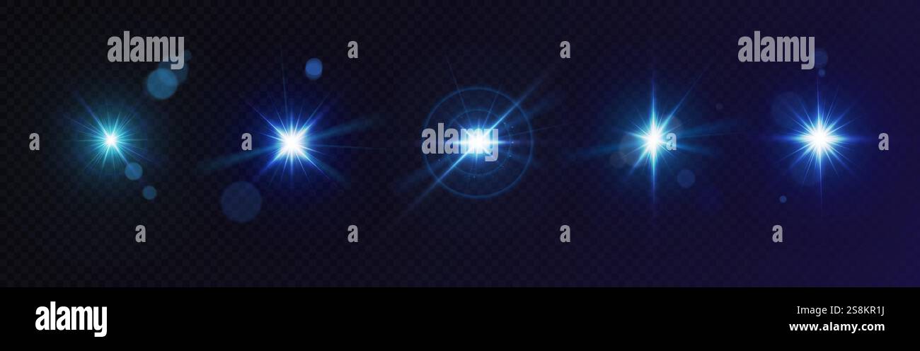 Glowing glint collection - bright blue lens flares with shining centers, gradient rays and ...