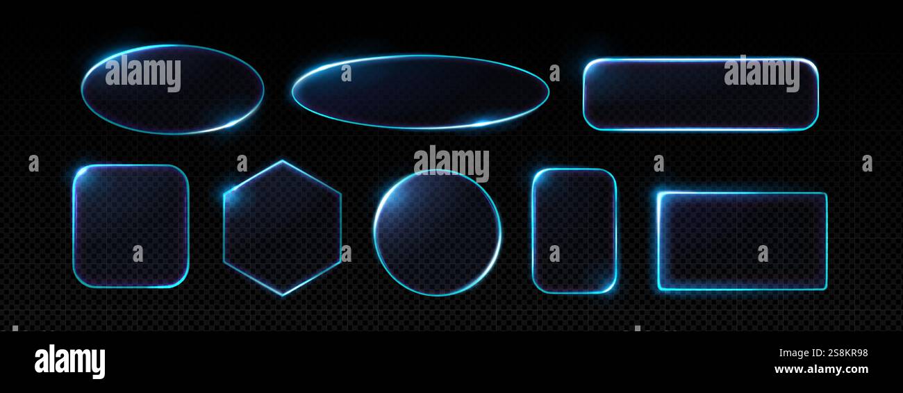 Neon glass frames collection with glowing blue light edges and ...