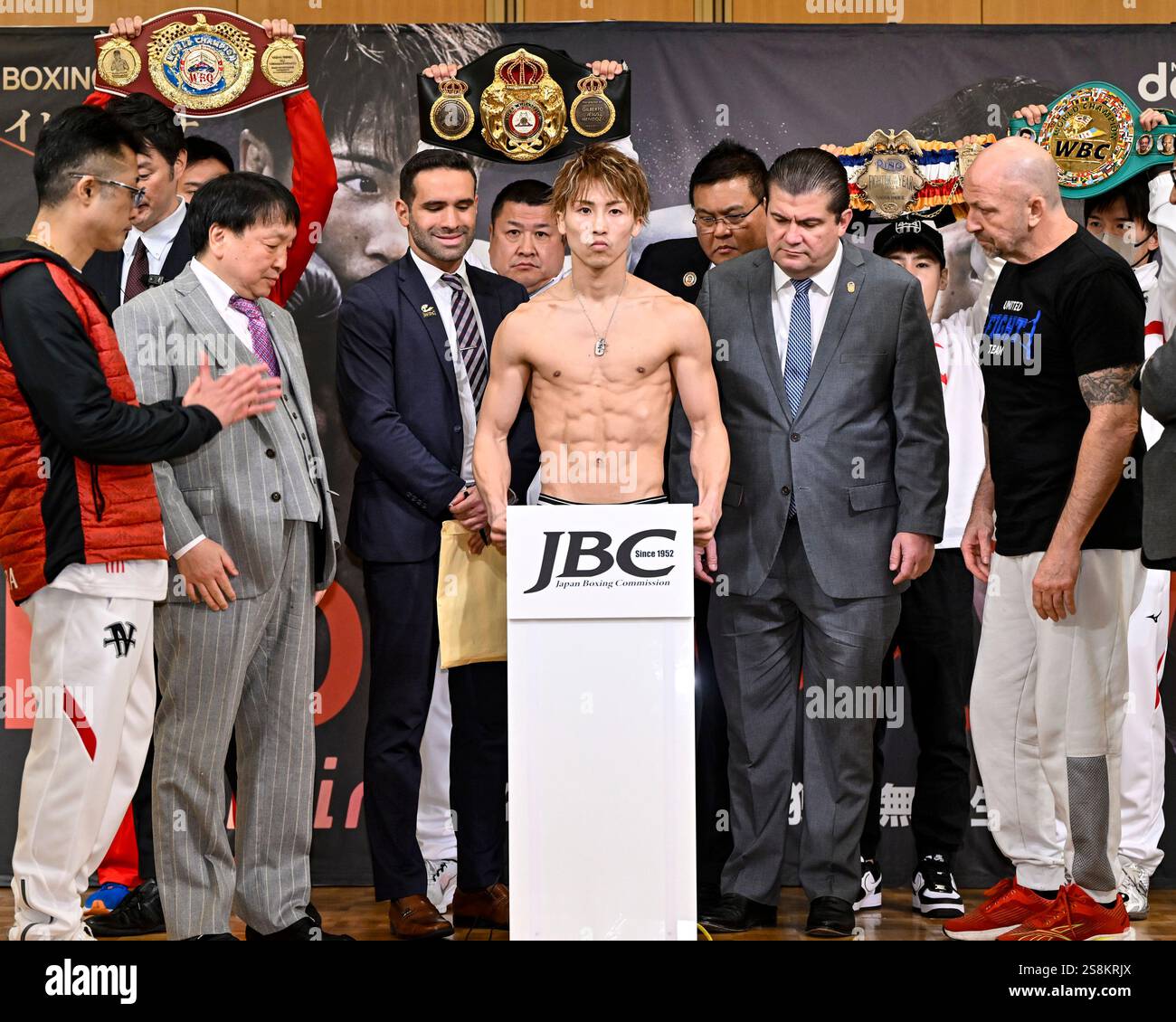 Naoya Inoue of Japan poses during the official weigh-in ahead of his world super-bantamweight ...