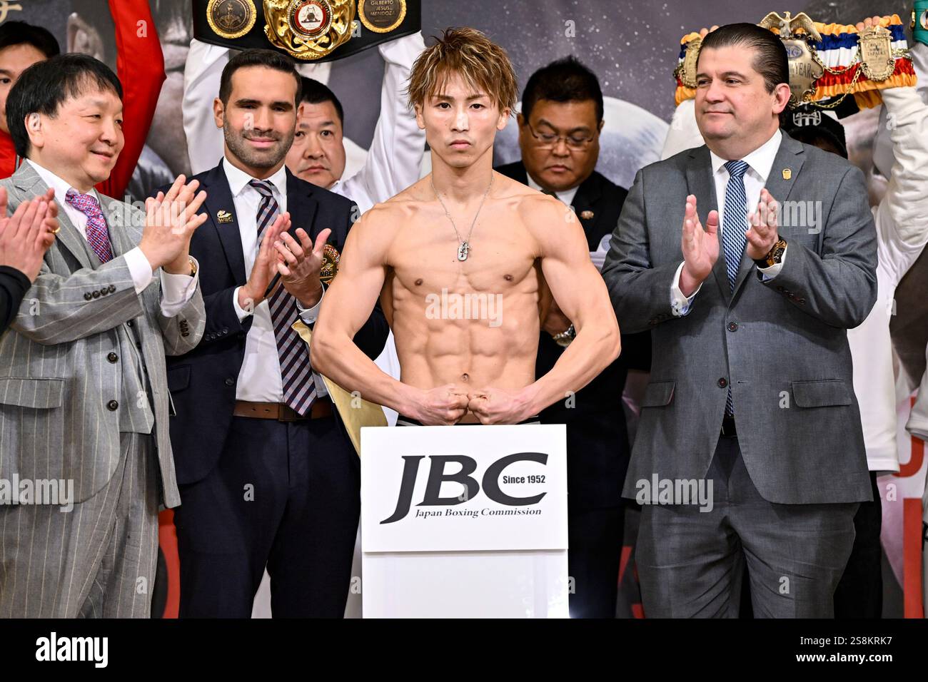 Naoya Inoue of Japan poses during the official weigh-in ahead of his world super-bantamweight ...