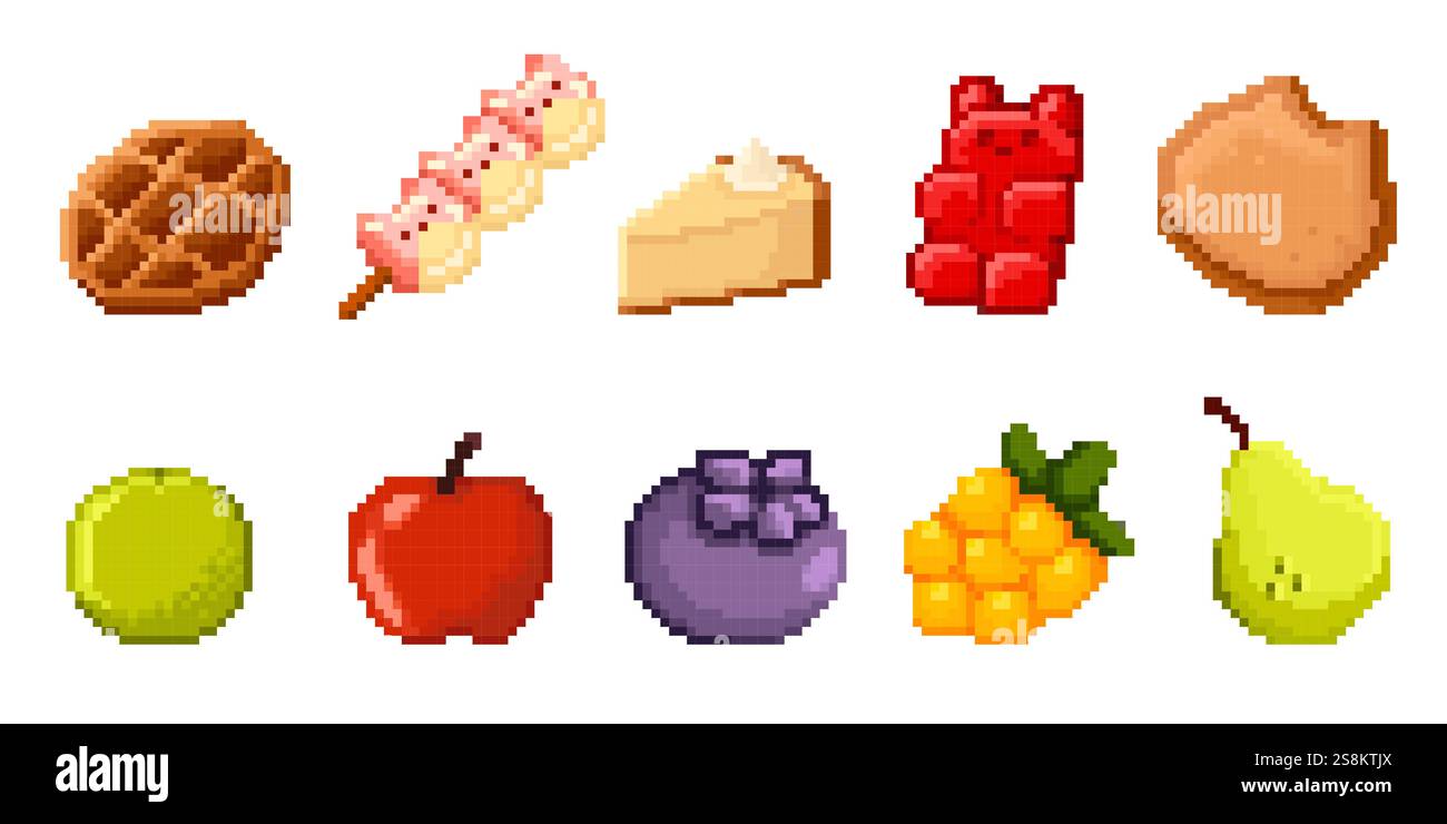 Pixel art food collection with tasty waffle, marshmallow stick ...