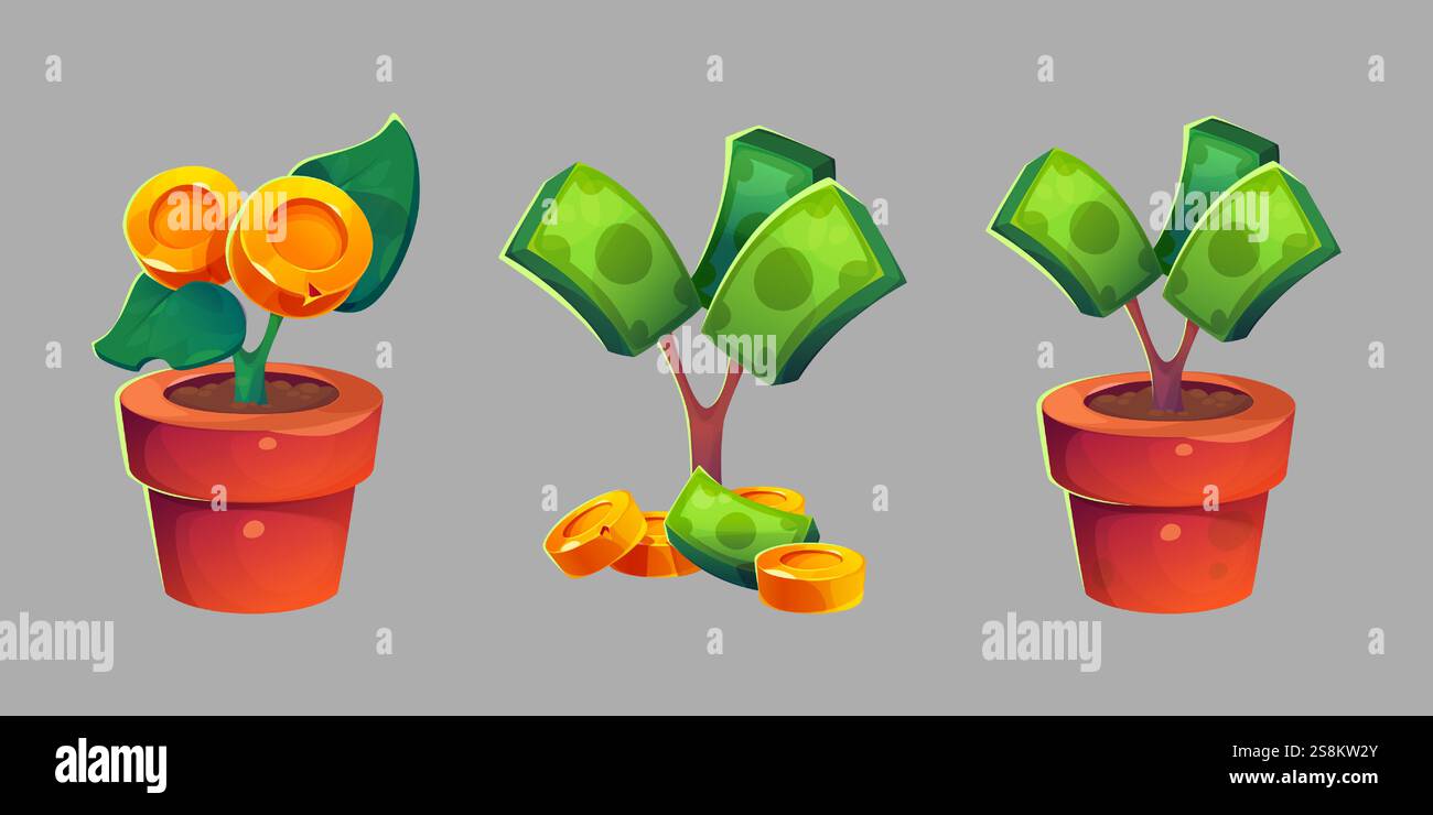 Money tree cartoon set - potted plant with golden coins, flourishing ...