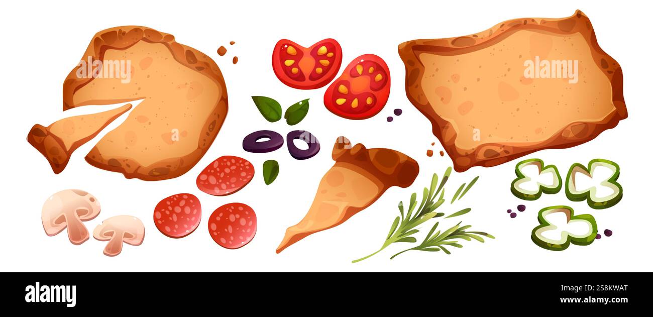 Cartoon pizza toppings set top view - crispy crust base, fresh tomato ...
