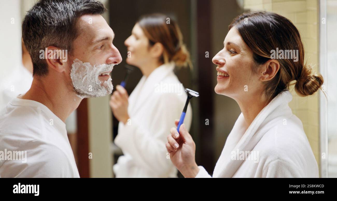 Shaving, razor and couple in bathroom with beauty, help and facial ...