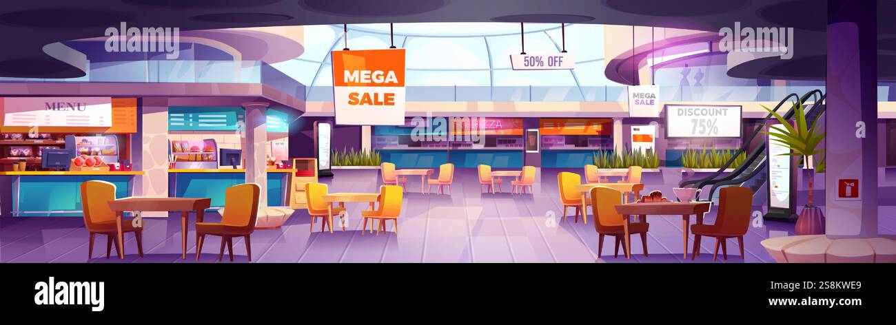 Mall food court with restaurant counters, dining area and promotional ...