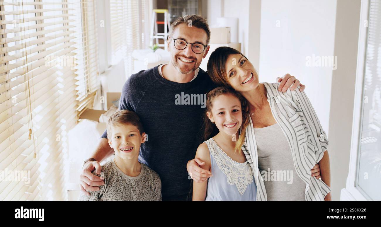 Parents, children and smile with hug in home, portrait and care with ...