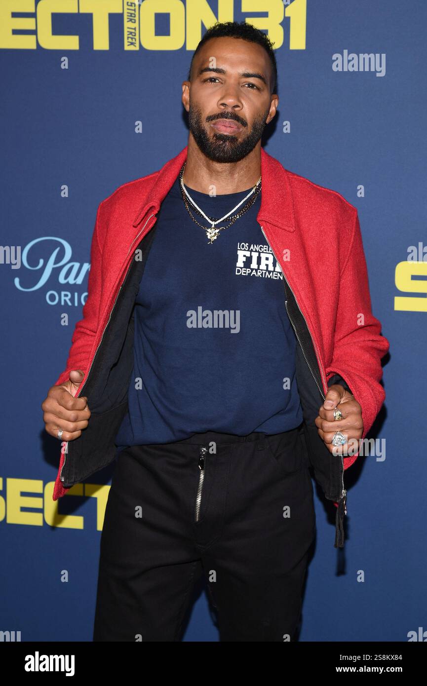 New York, USA. 22nd Jan, 2025. Omari Hardwick wears a LAFD shirt as he ...