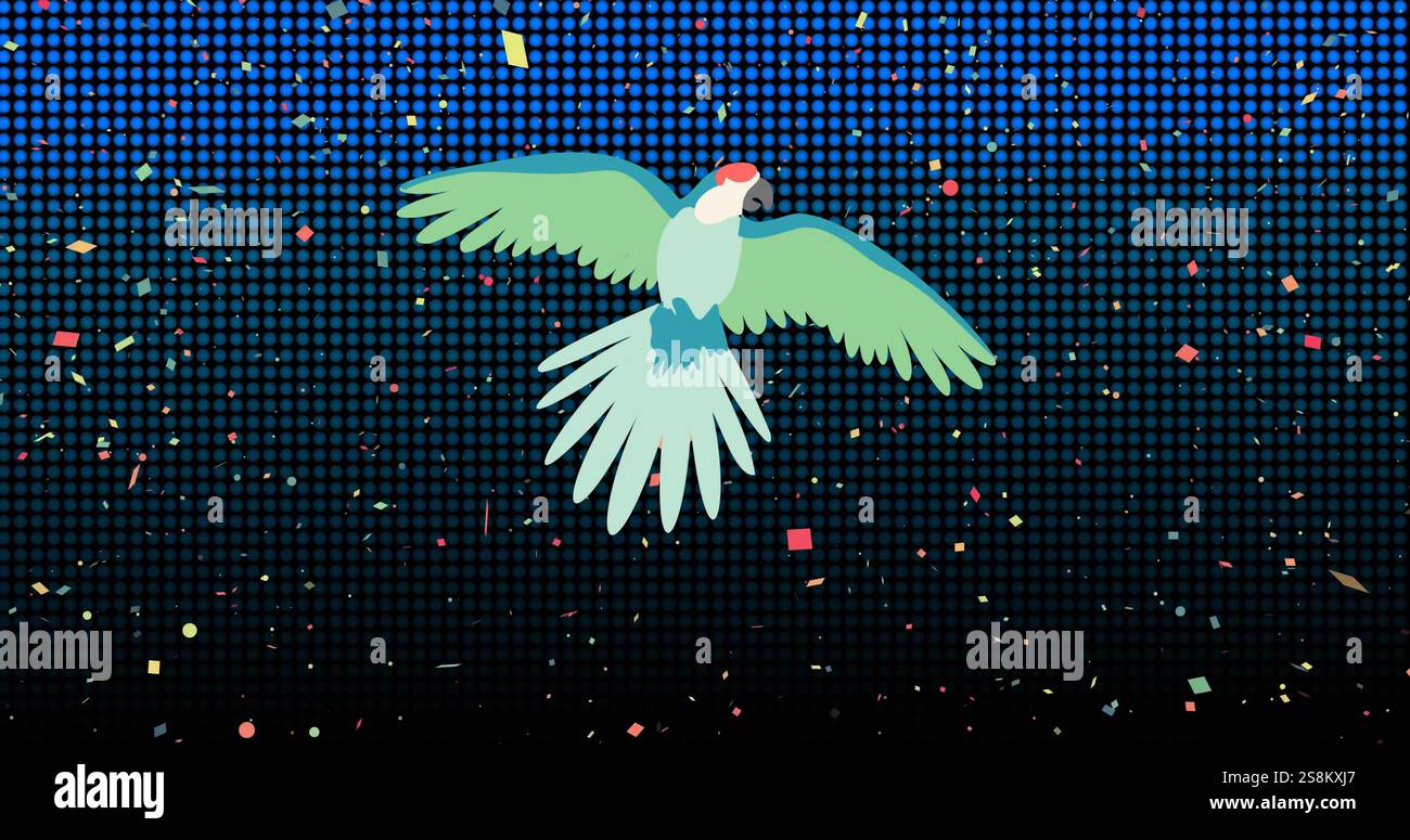 Image of flying parrot over blue grid and falling confetti on black ...
