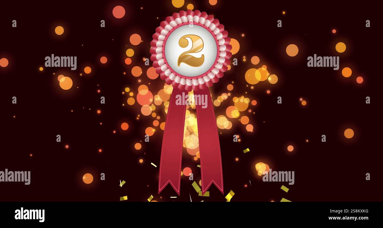 Image of rosette with number 2 and falling confetti and orange light ...