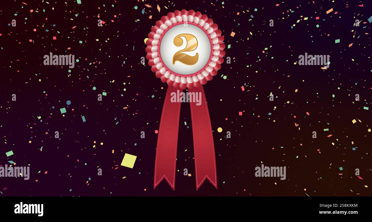 Image of red and white rosette with number 2 and falling confetti on ...