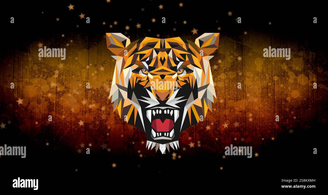 Image of tiger head with open mouth over old map on dark background ...