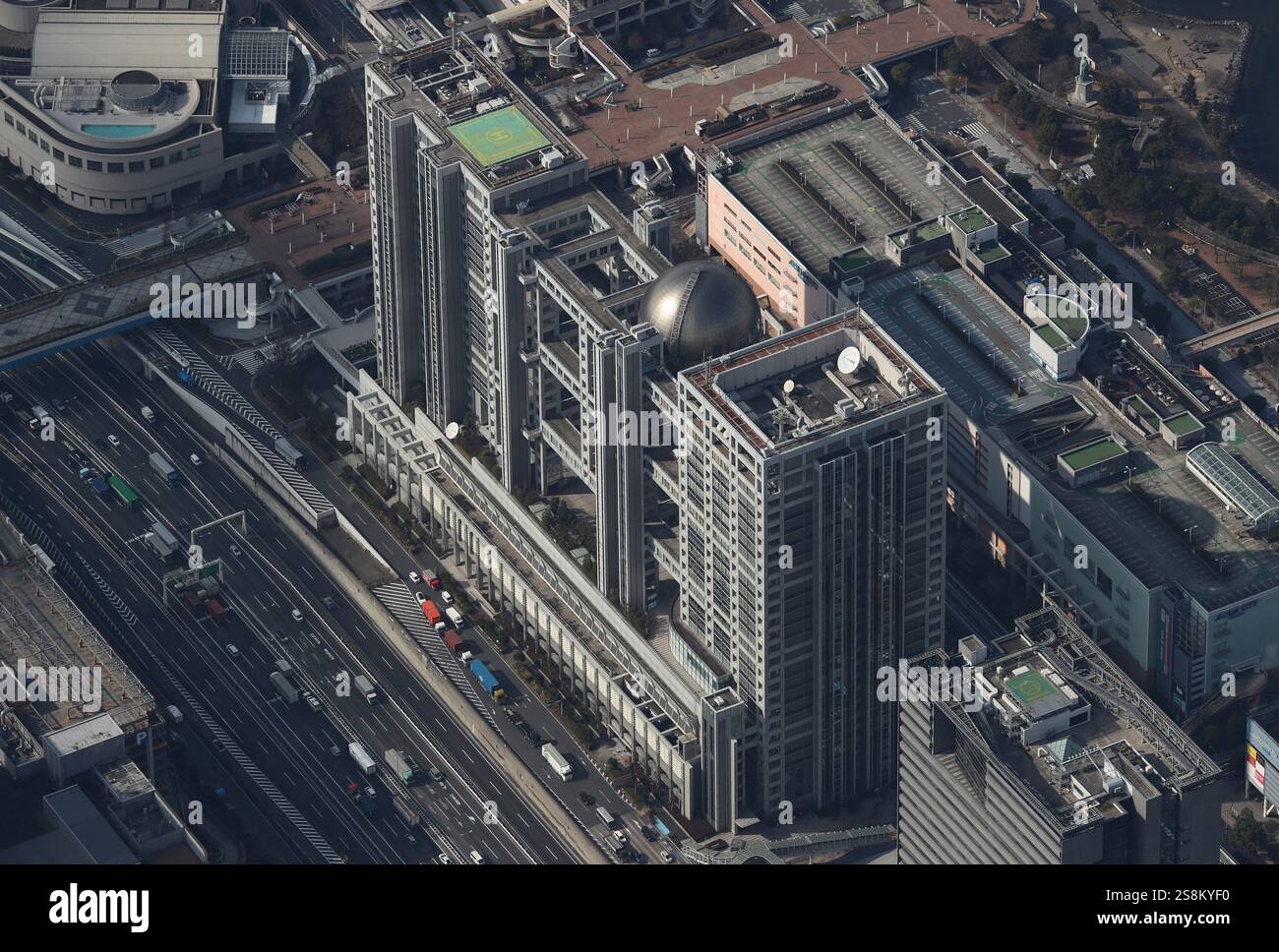 An aerial photo shows Fuji Television Network, Inc. headquarters ...