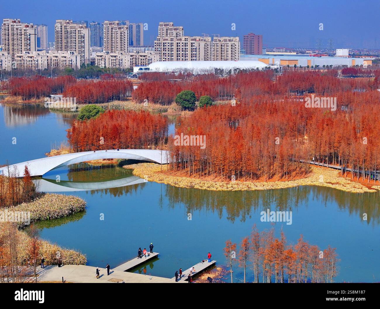 Aerial photo shows the winter scenery at Yuweizhou wetland park in ...