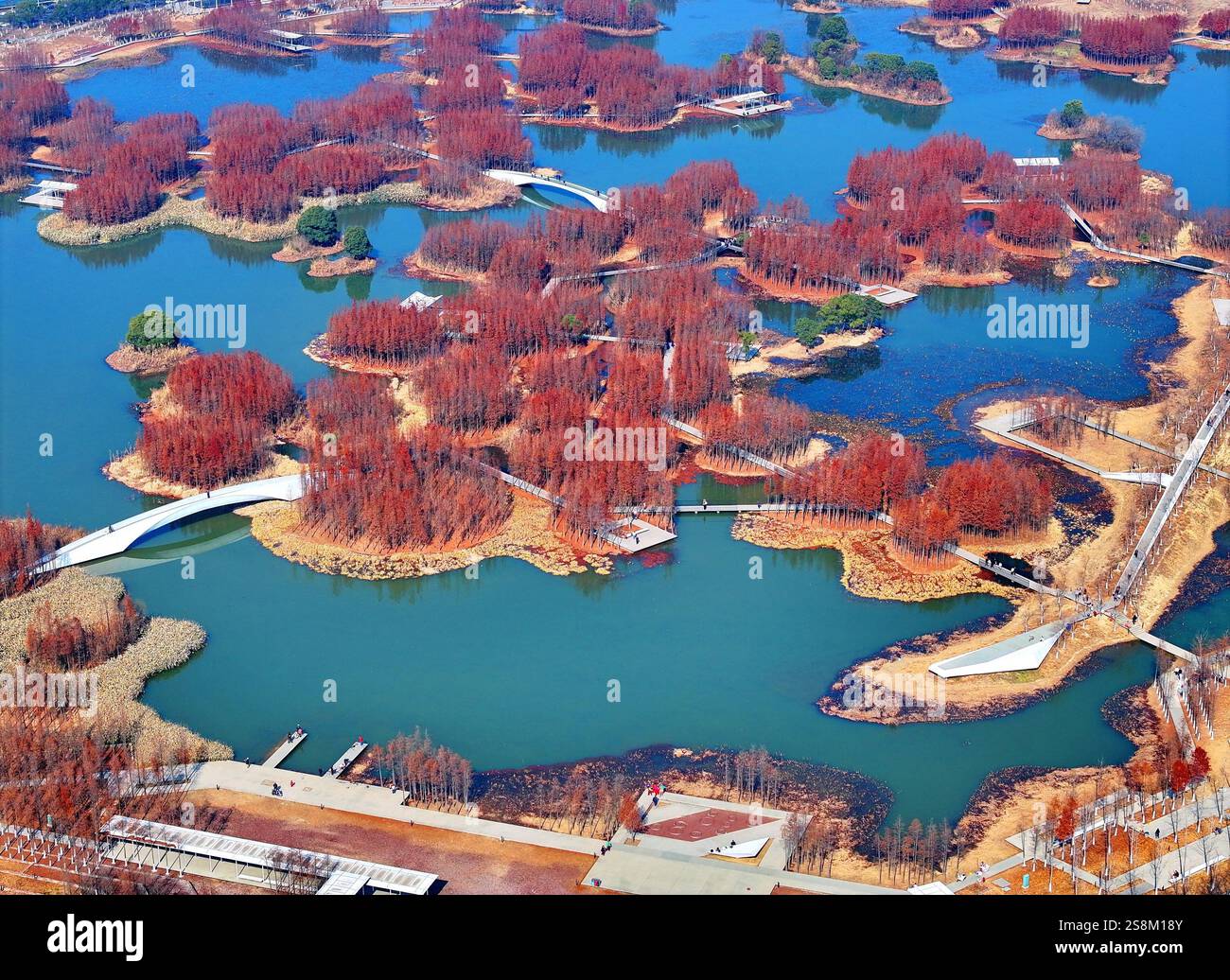 Aerial photo shows the winter scenery at Yuweizhou wetland park in ...