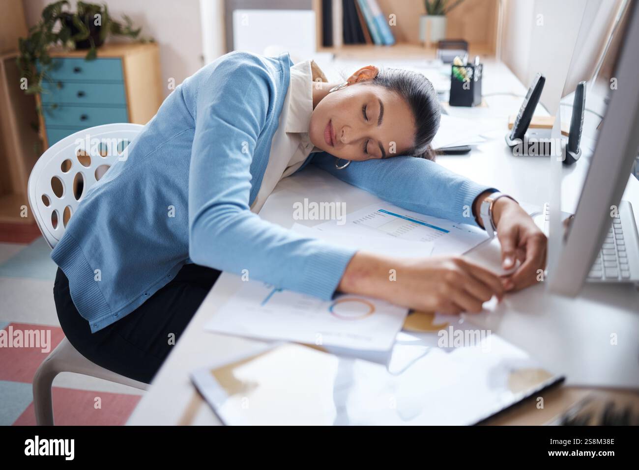 Woman, sleeping and tired worker at desk, professional burnout and ...