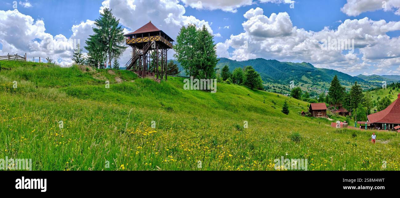 Watchtower and spring landscape near Sadova in Bucovina, Romania Stock ...