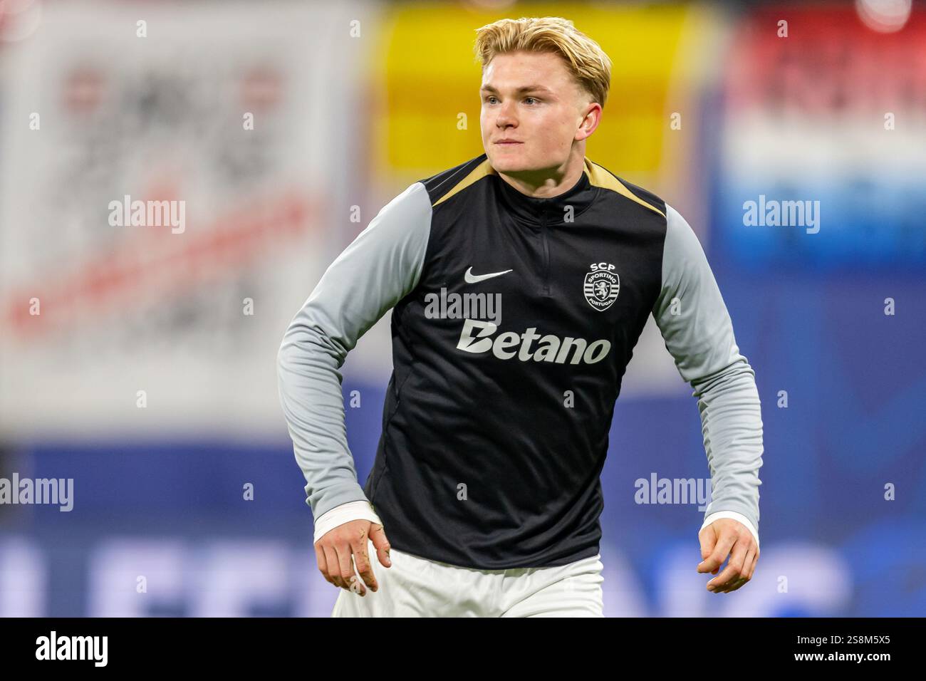 Leipzig, Germany. 22nd Jan, 2025. Conrad Harder (19) of Sporting CP is ...