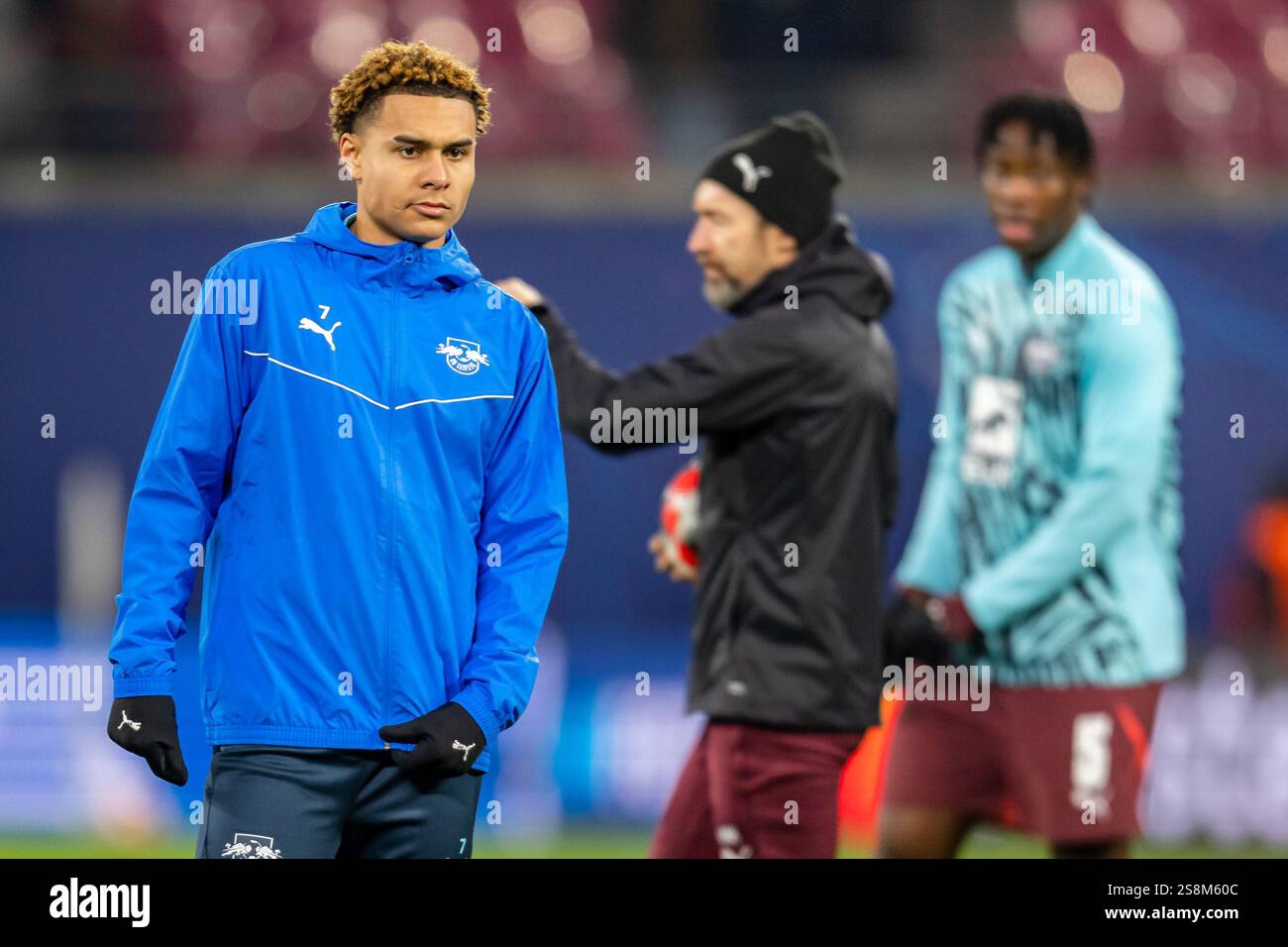 Leipzig, Germany. 22nd Jan, 2025. Antonio Nusa (7) of RB Leipzig is ...