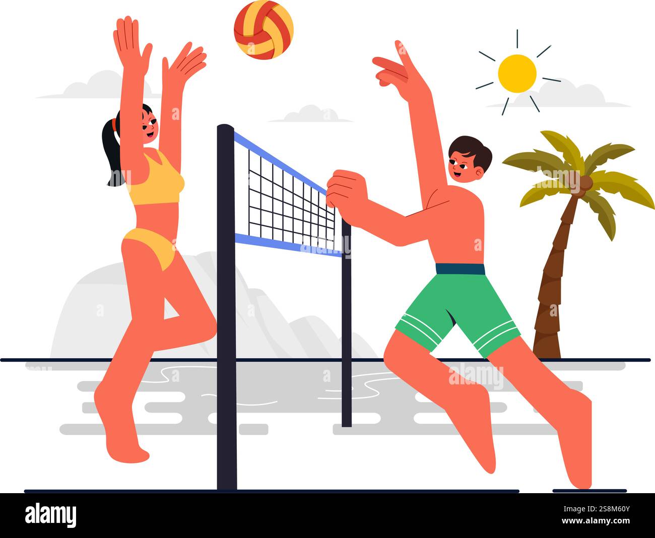 Vector Illustration of a Player Playing Beach Volleyball on Sandy ...