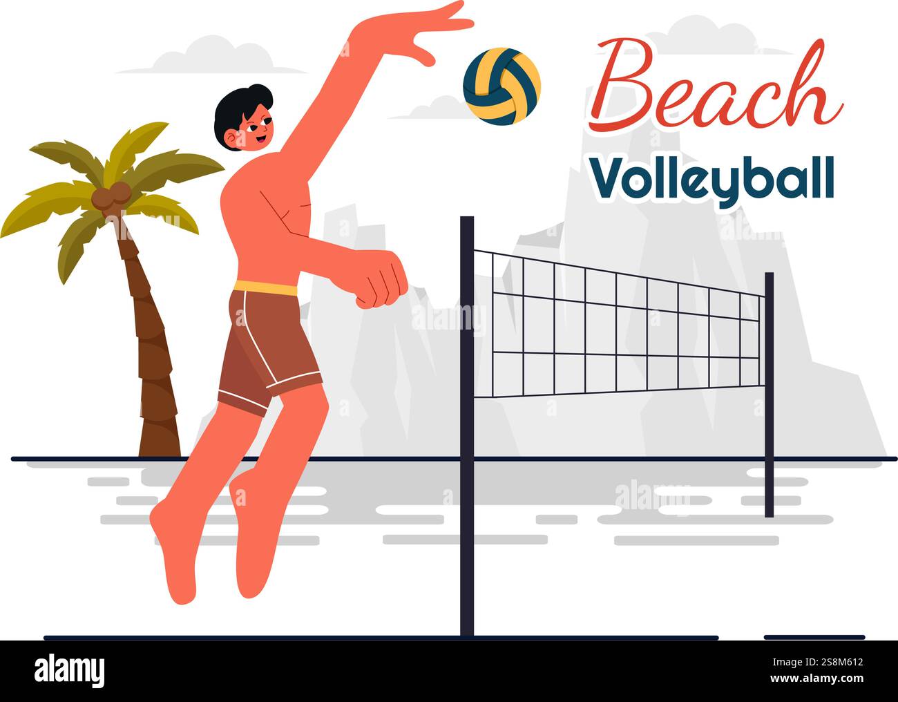 Vector Illustration of a Player Playing Beach Volleyball on Sandy ...