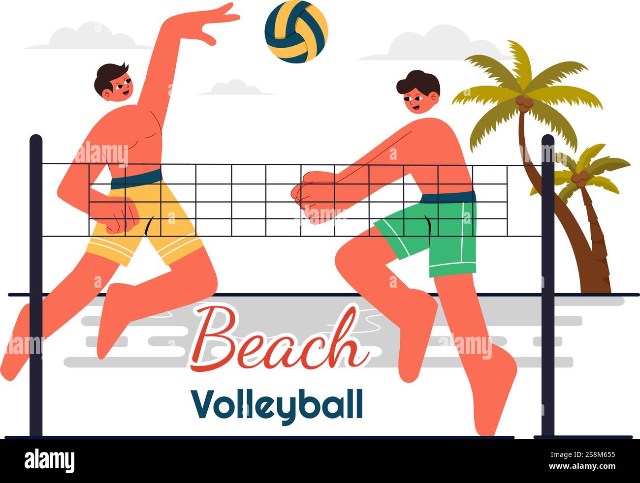 Vector Illustration of a Player Playing Beach Volleyball on Sandy ...